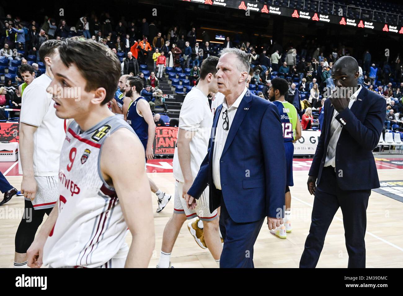 Antwerp's coach Luc Smout shows defeat after a basketball match between ...