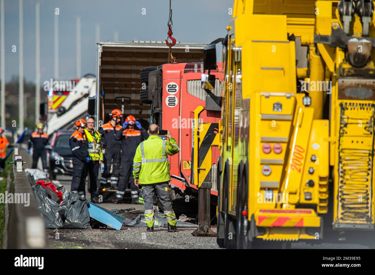 Illustration picture shows a bus being towed at the scene of a traffic ...