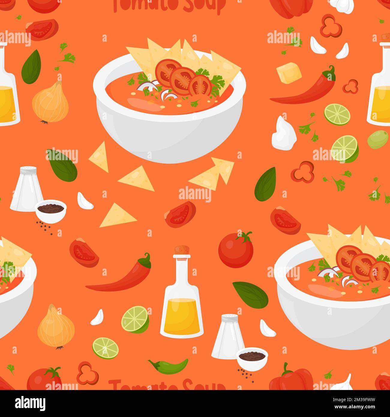 Seamless pattern with Mexican Tomato Soup on orange background with ...