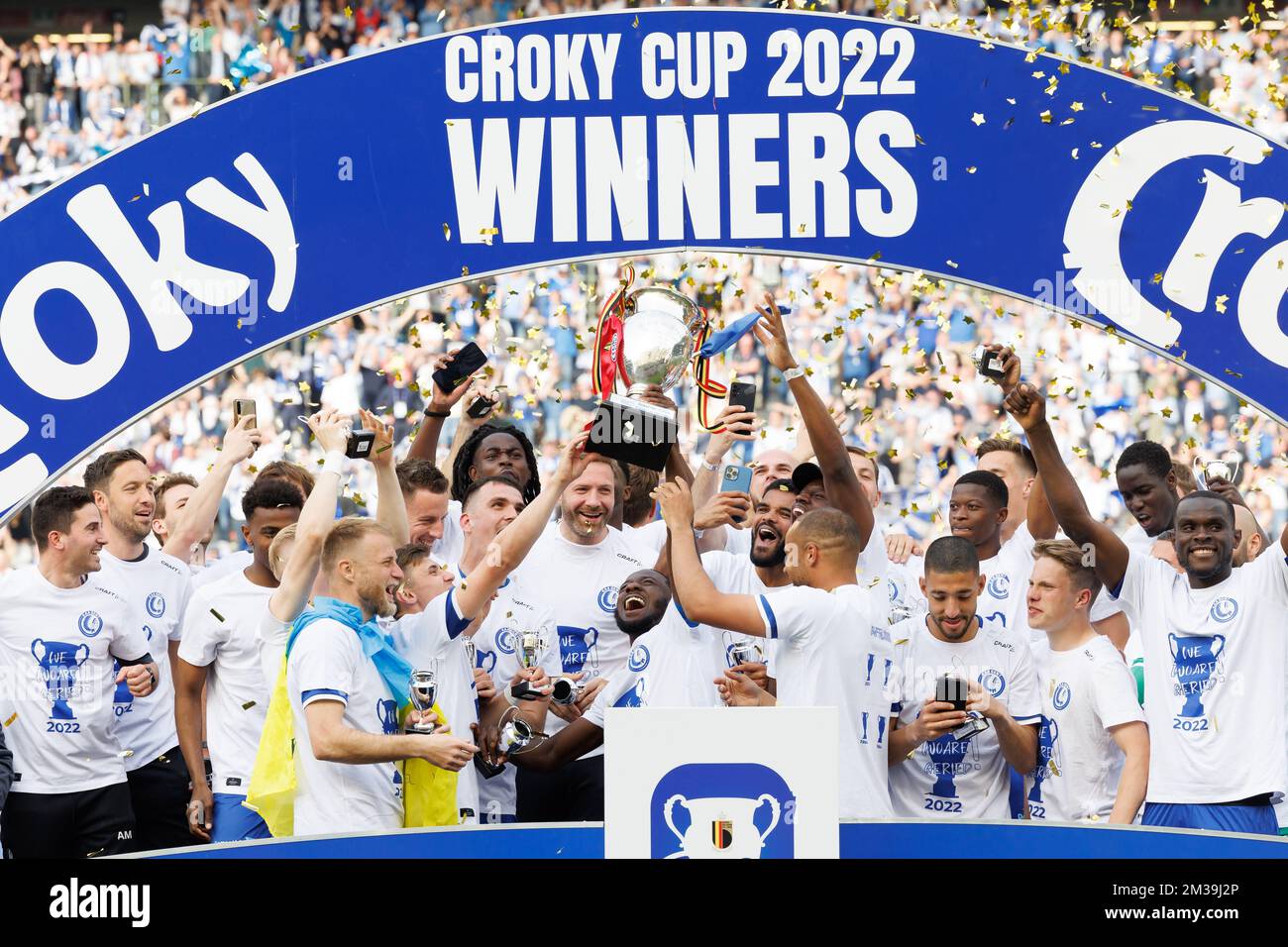 Gent's players celebrates on the podium after winning the Belgian Cup ...