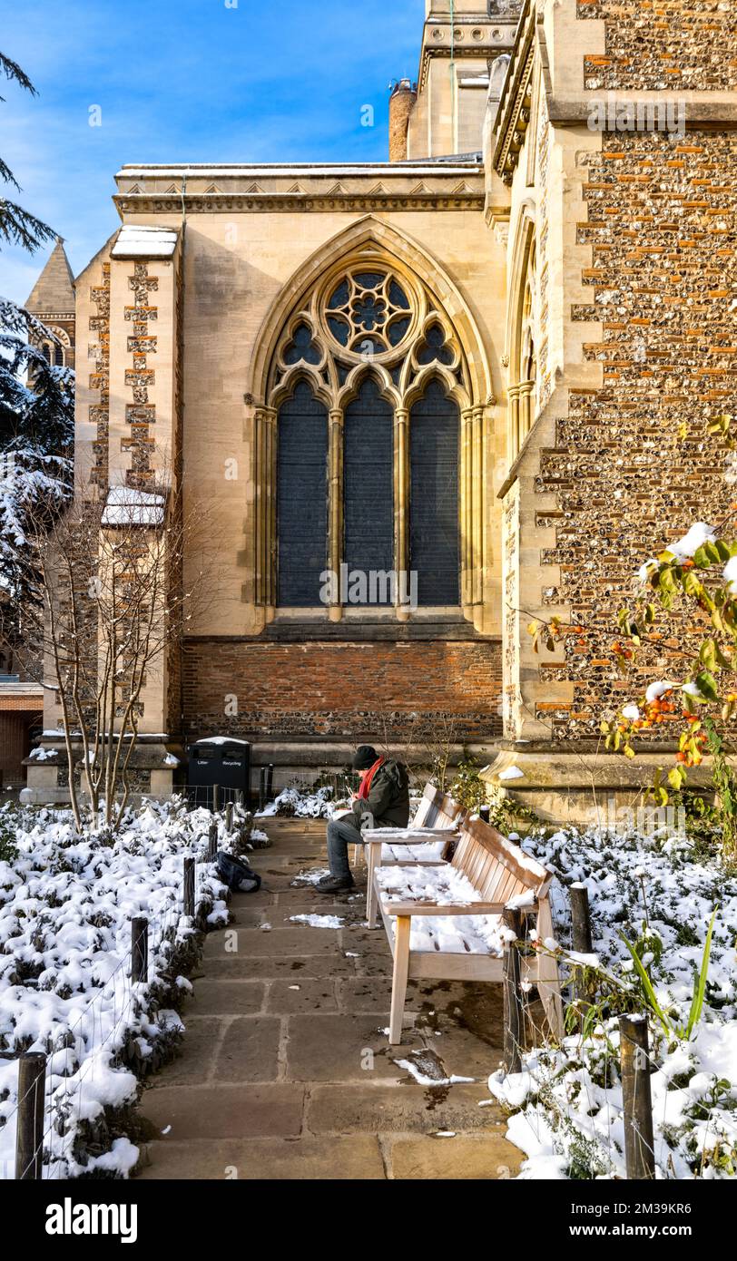 Person sitting on bench in the grounds of Sumpter Yard, St. Albans ...