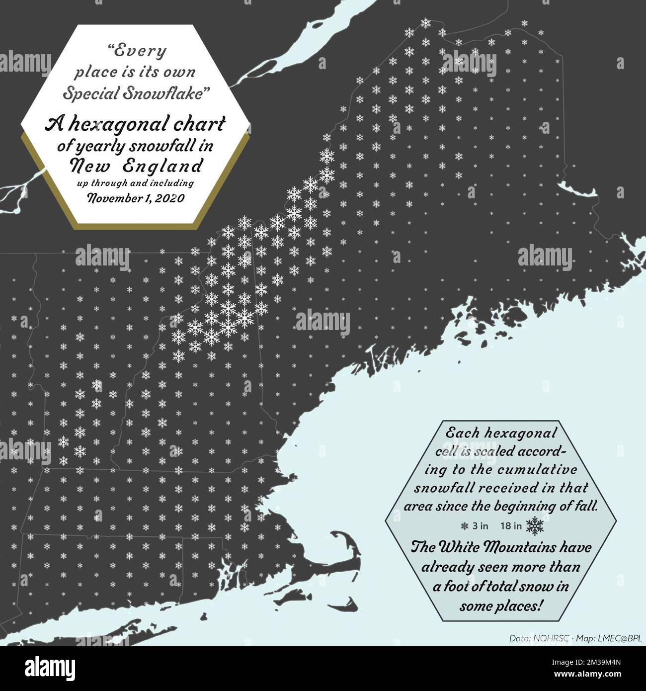 A hexagonal chart of yearly snowfall in New England up through and ...