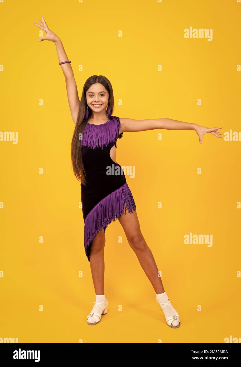 Child teen girl dancing rumba, samba cha-cha-cha. Ballroom dance school ...