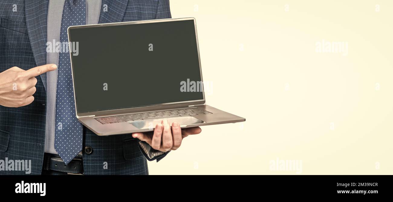 cropped businessman man pointing finger on laptop screen for copy space ...
