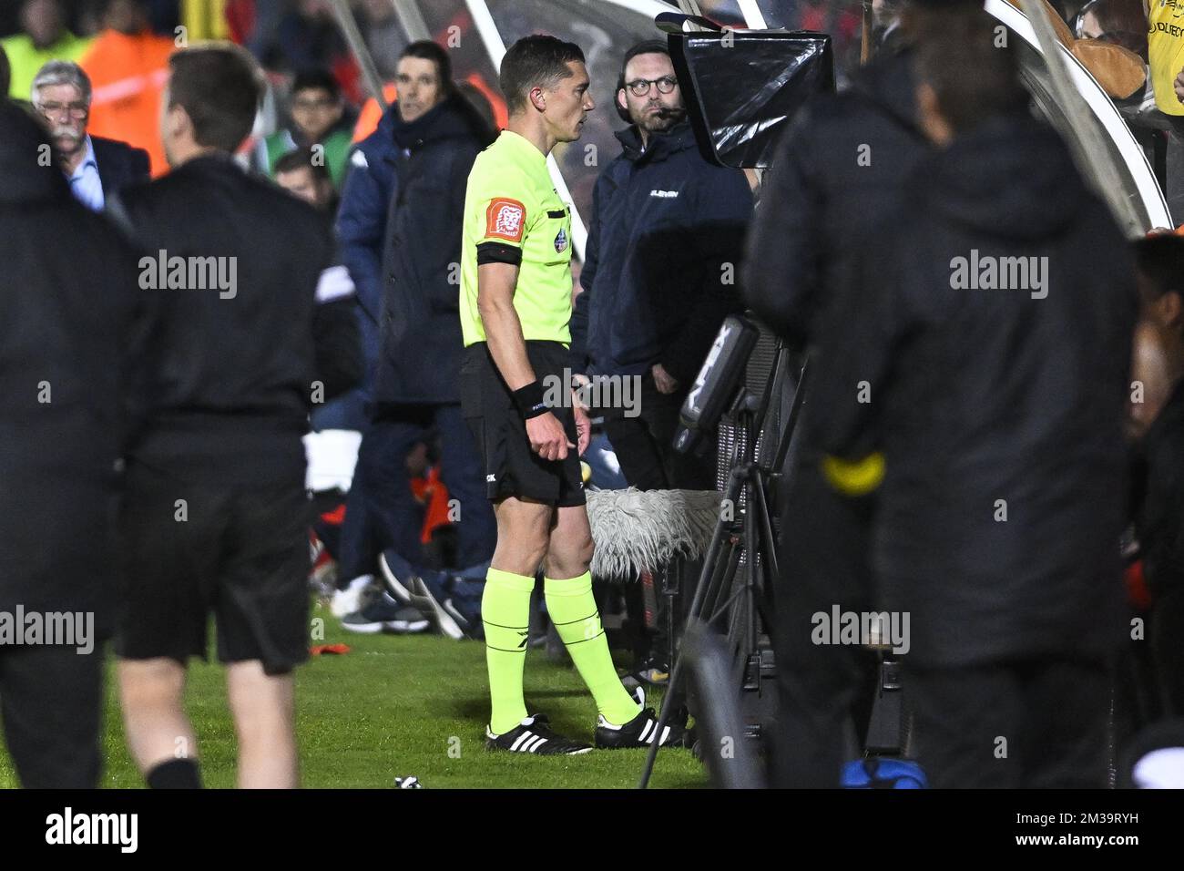 referee Jonathan Lardot pictured watching a scene on the VAR video ...