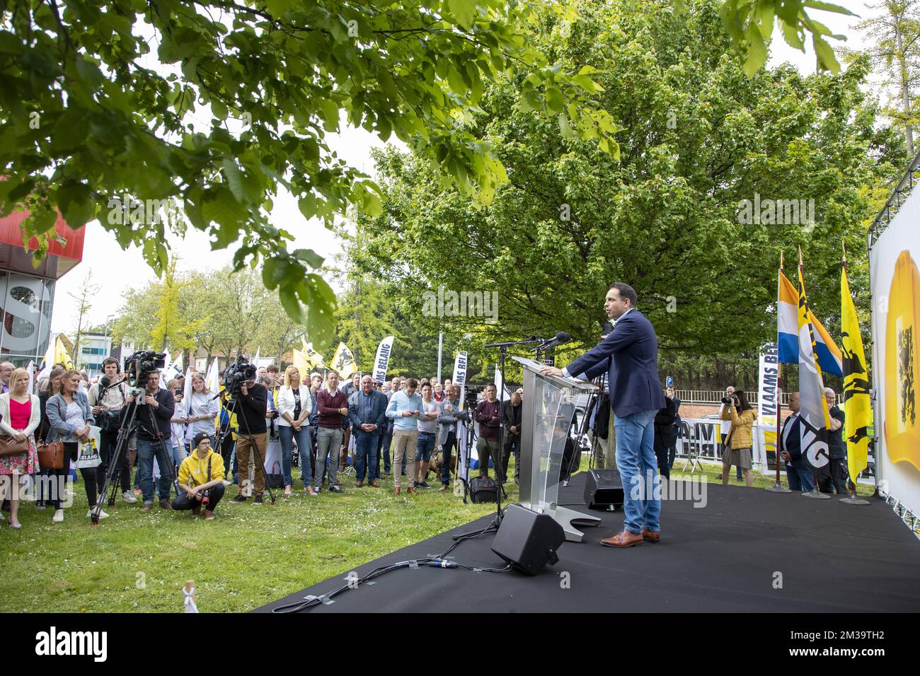 Vlaams Belang chairman Tom Van Grieken delivers a speech at the meeting ...