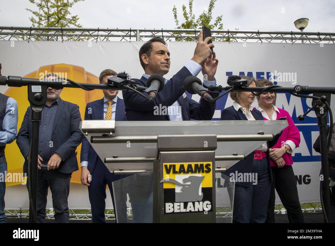 Vlaams Belang chairman Tom Van Grieken delivers a speech at the meeting ...