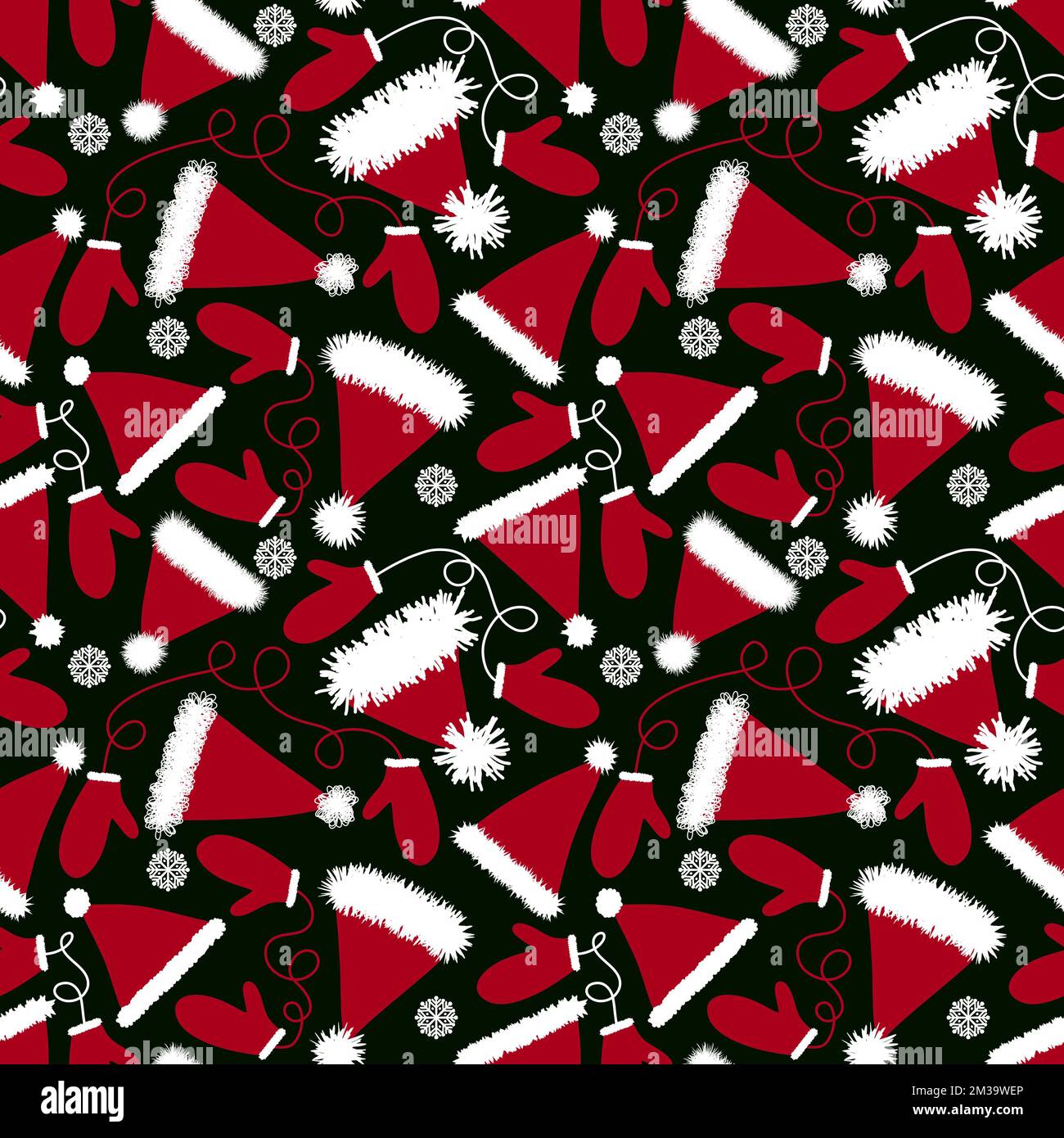 Winter festive Christmas seamless Santa hat and mittens gloves pattern ...