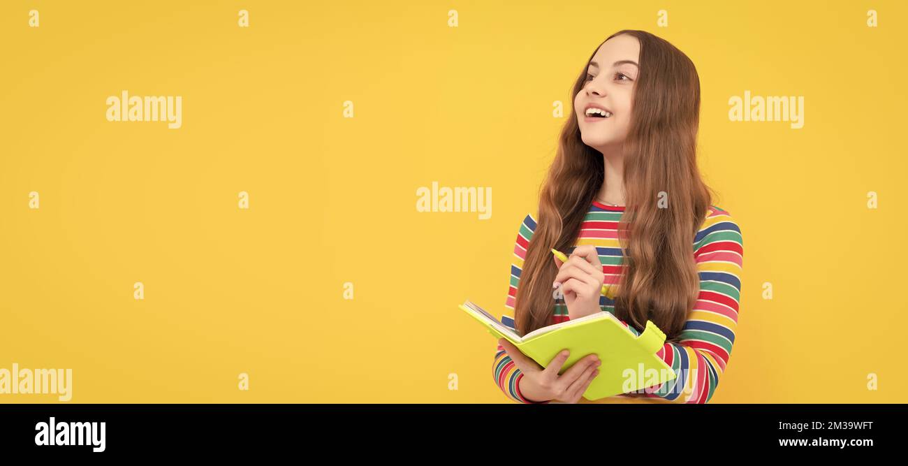 Once upon a time. Happy child write story. Story writer yellow ...