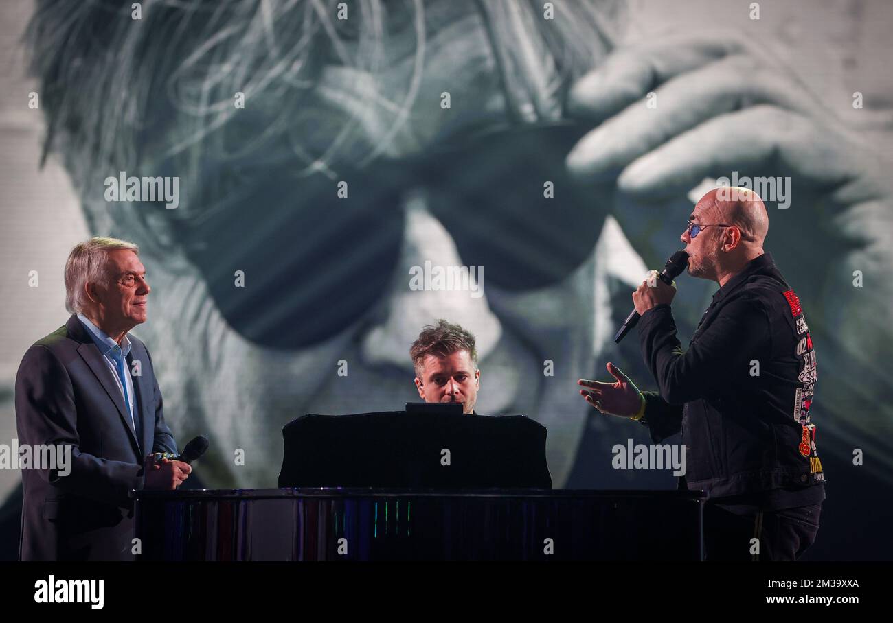 Singer Salvatore Adamo and Singer Pascal Obispo perform a tribute to ...