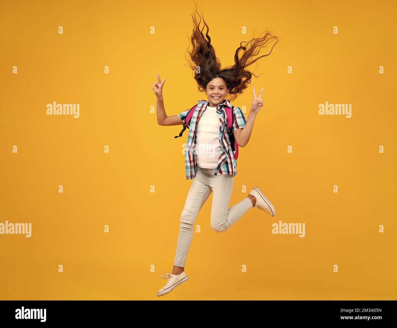 School teen girl in with backpack. Teenager student on isolated ...