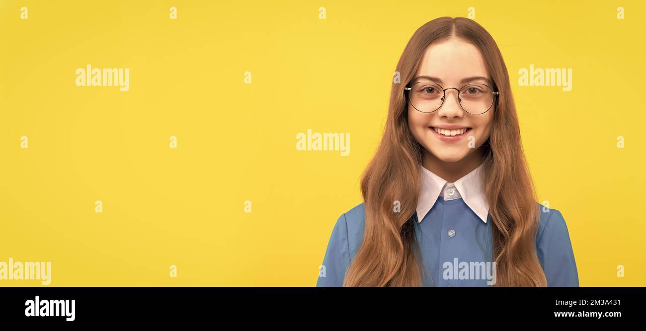Child development and learning. Girl child in eyeglasses yellow ...