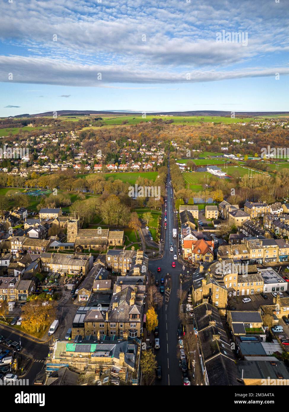 Ilkley, West Yorkshire. 7th December, 2022. Aerial view of Ilkley town ...