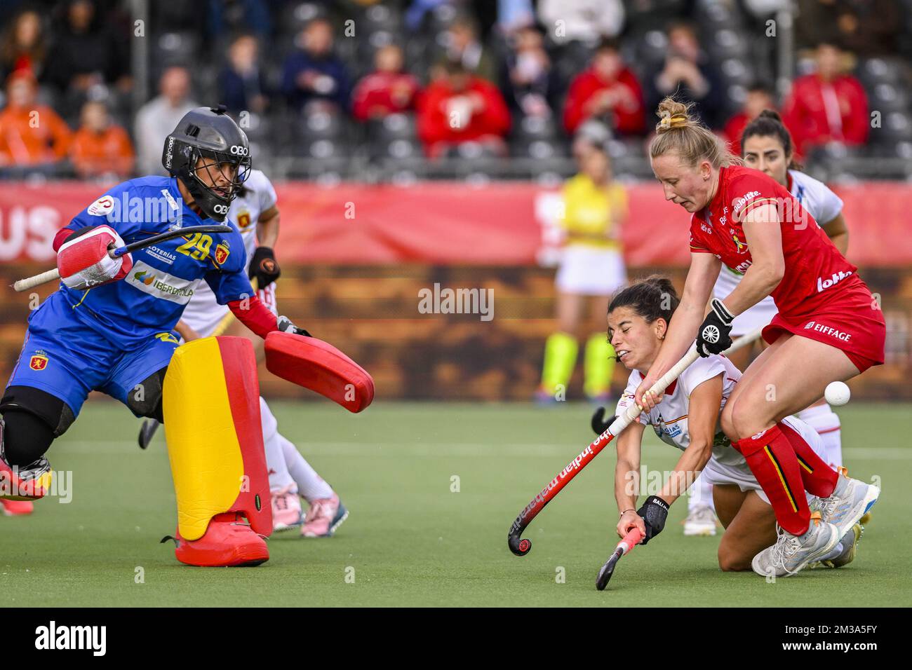 Spain's Laura Barrios and Belgium's Charlotte Englebert fight for the ...