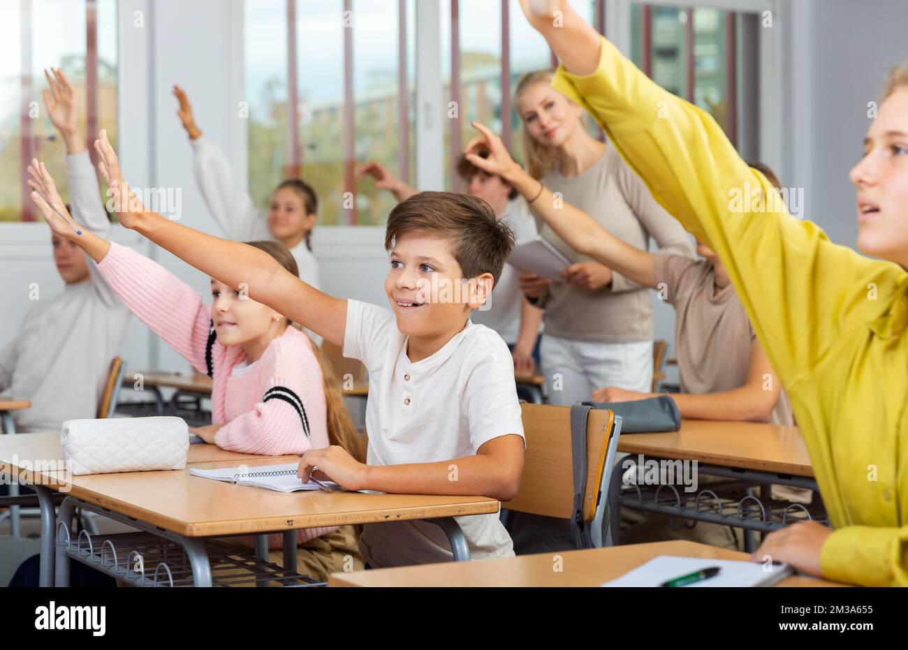 Pupils raising hands during lesson Stock Photo - Alamy