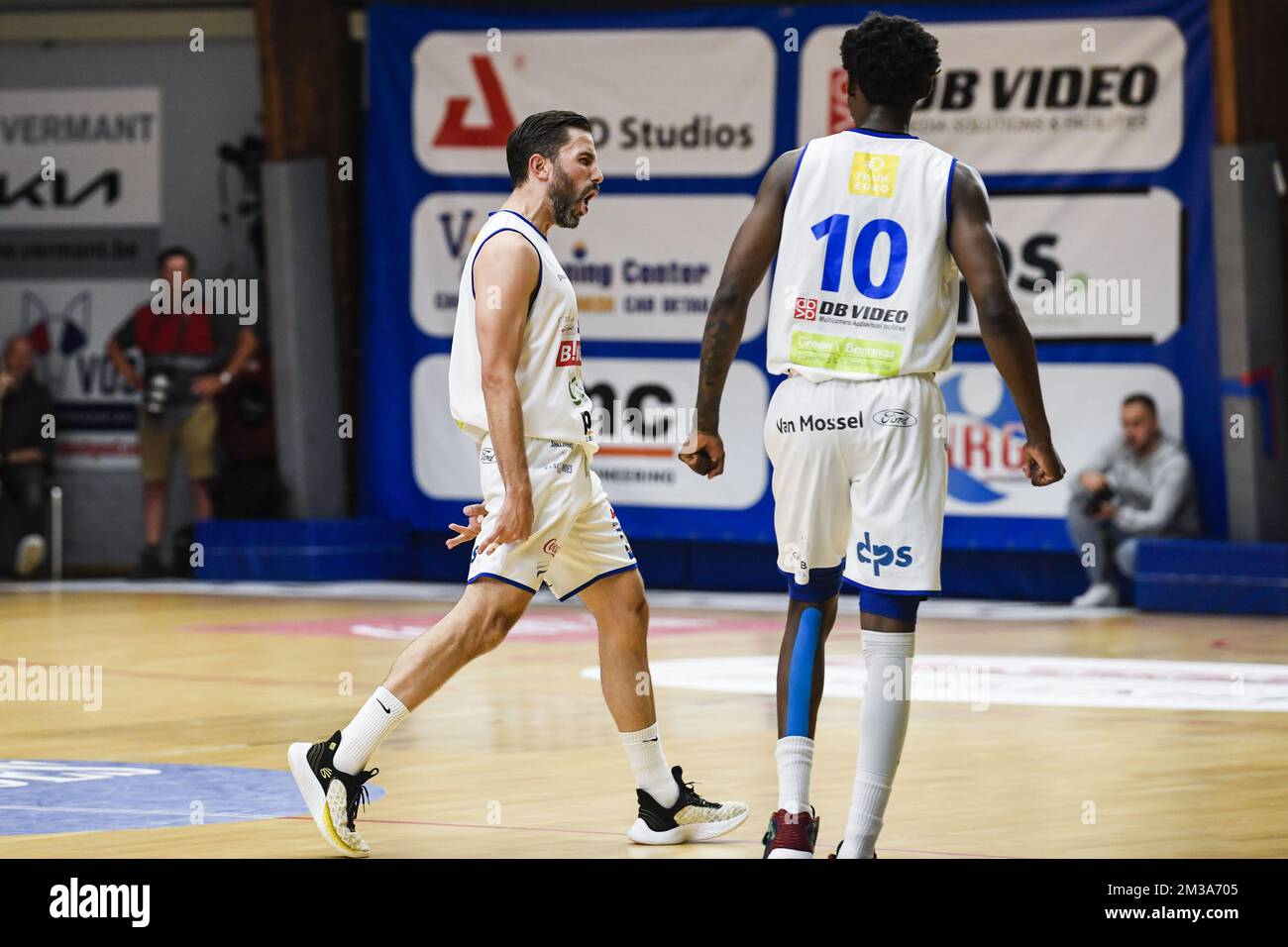 Mechelen's Domien Loubry celebrates after scoring during a basketball ...