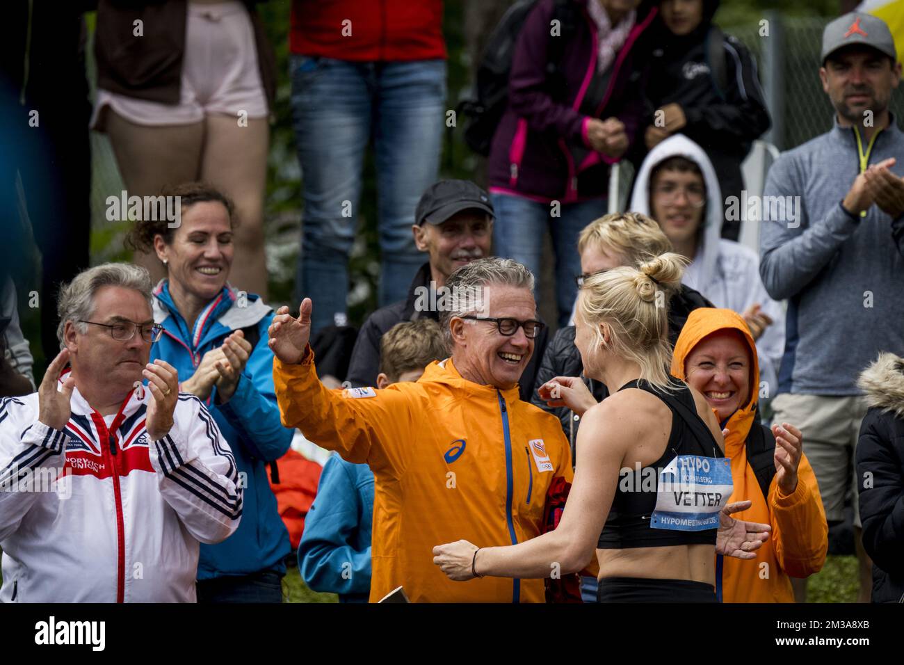 Dutch Anouk Vetter celebrates during the javelin throw event at the ...