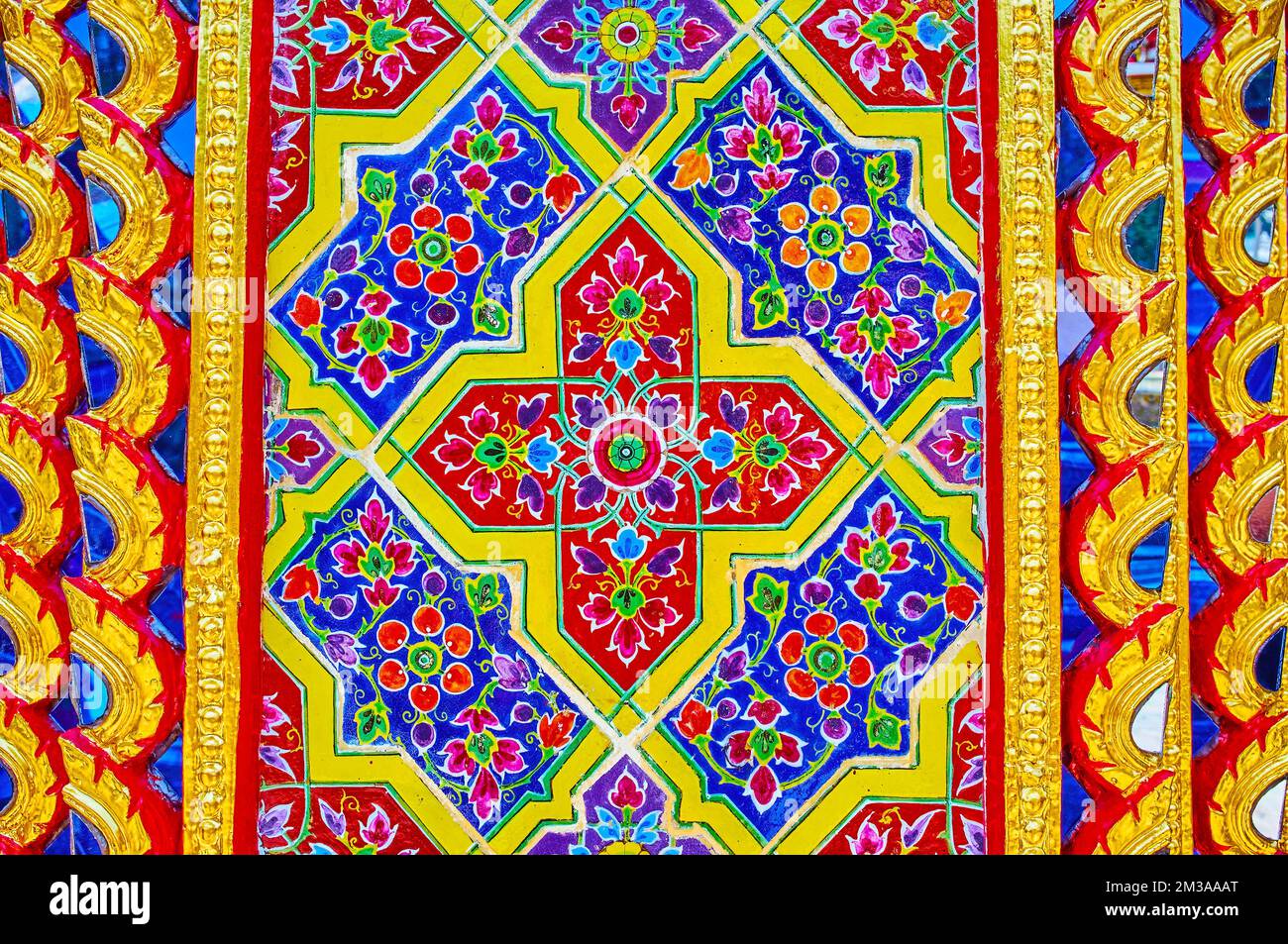 Colorful ceramic tile with floral and geometric patterns, Wat ...