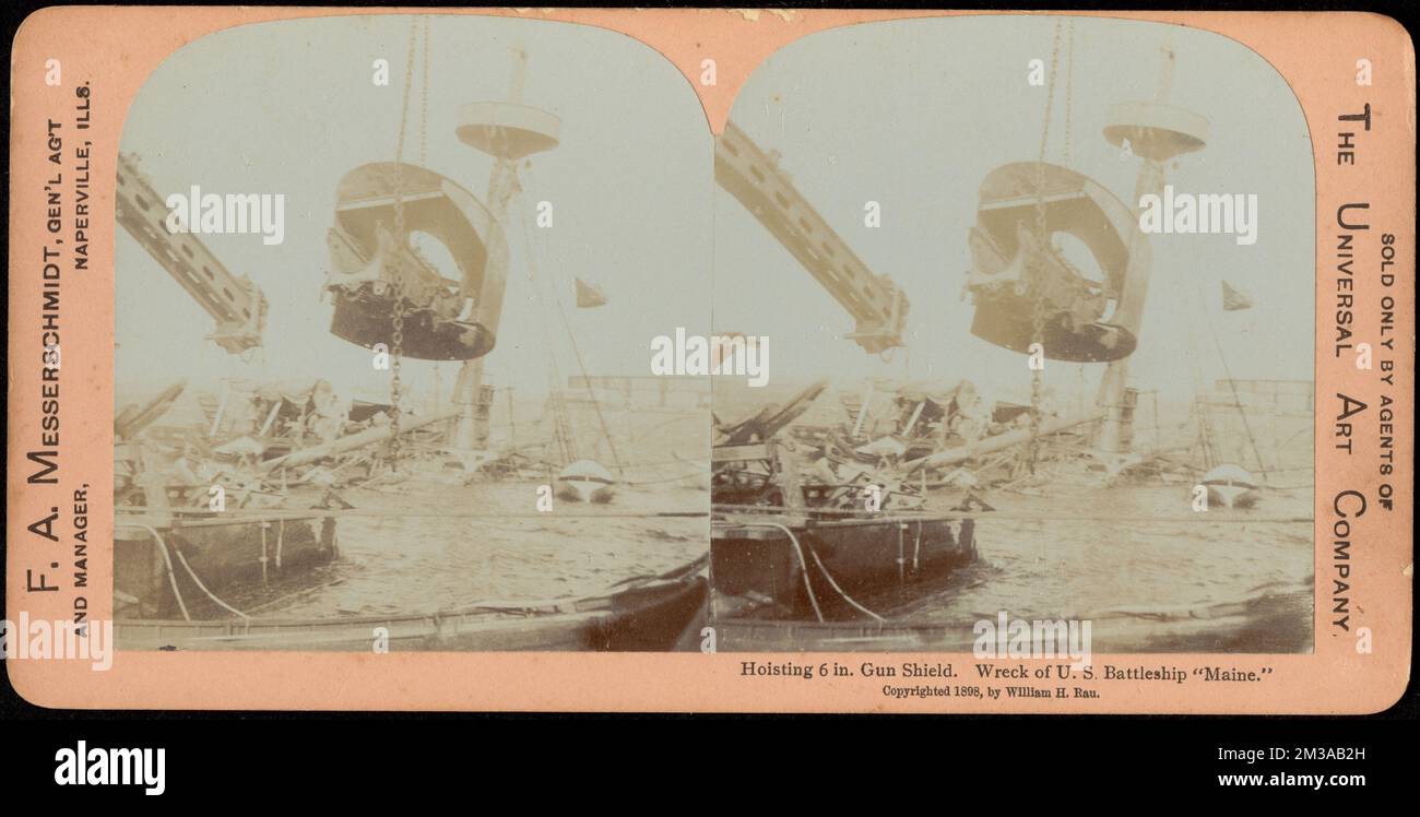 Hoisting the 6 in. gun shield. Wreck of U.S. battleship 'Maine ...