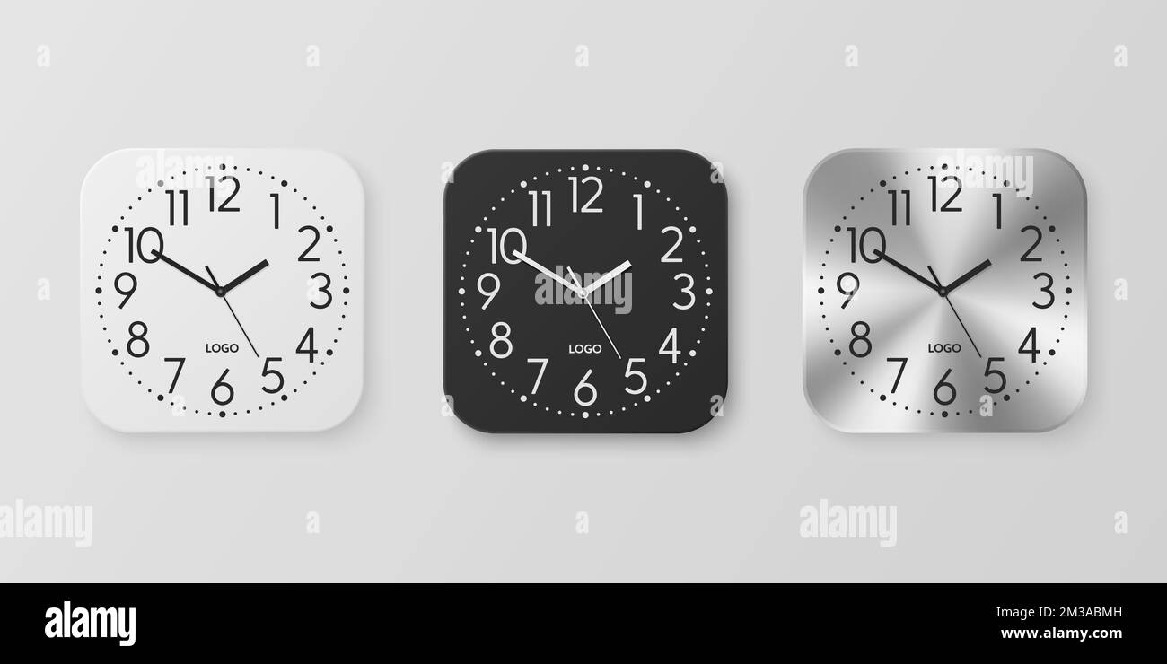 Vector 3d Realistic White, Black, Silver Square Wall Office Clock Icon ...