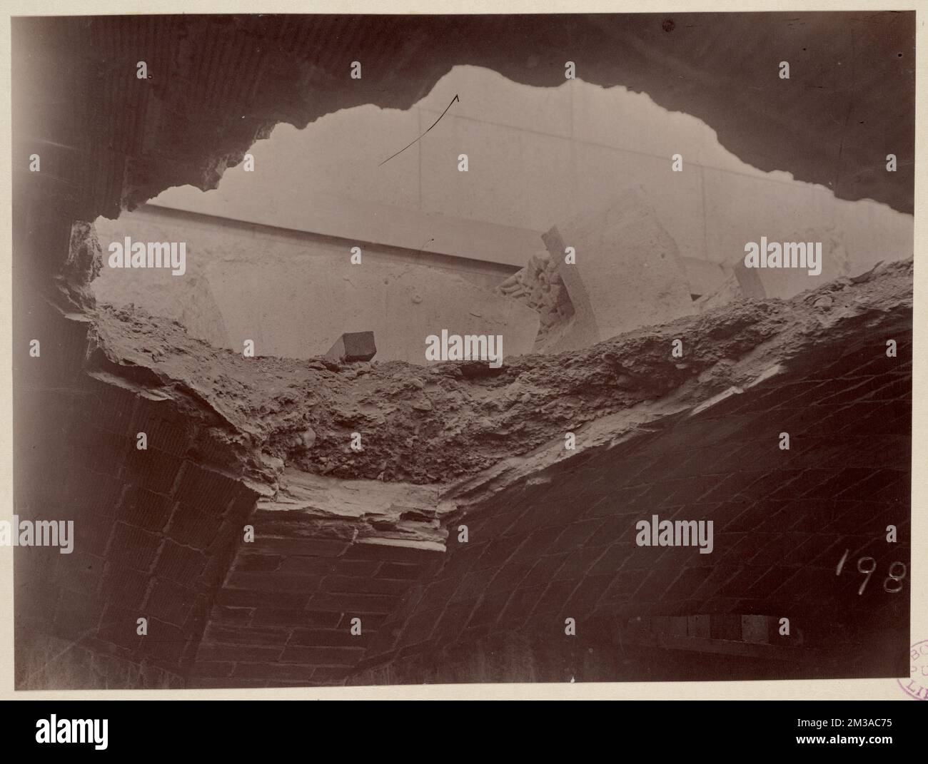 Hole in tile arch, seen from below, construction of McKim Building ...