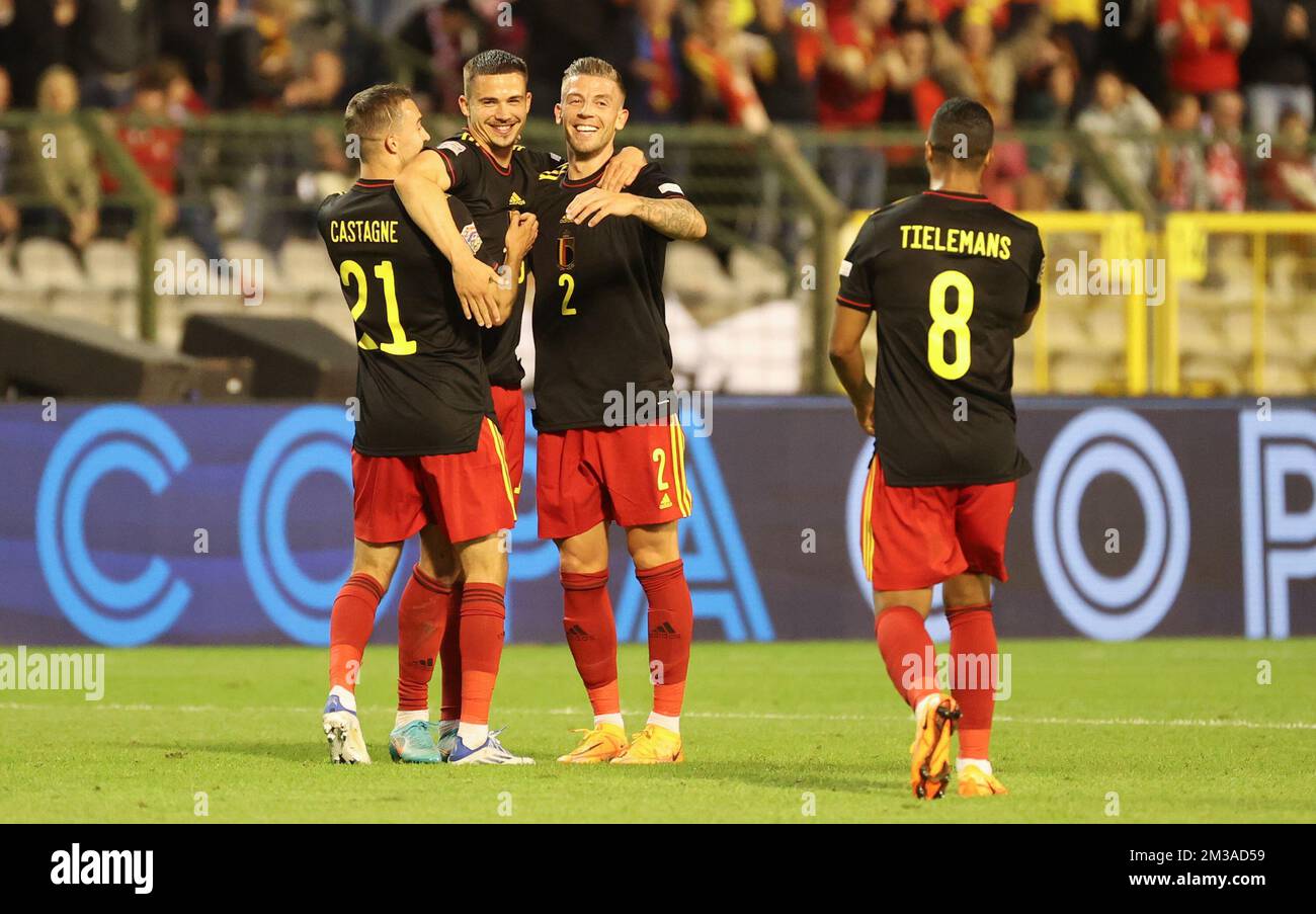 Belgium's Leander Dendoncker celebrates after scoring during a soccer ...