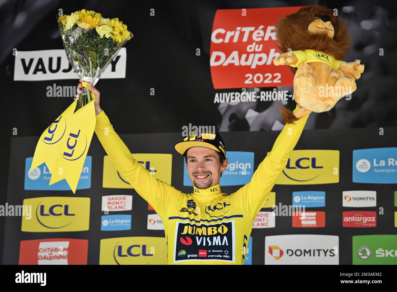 Slovenian Primoz Roglic of Jumbo-Visma celebrates on the podium in the ...