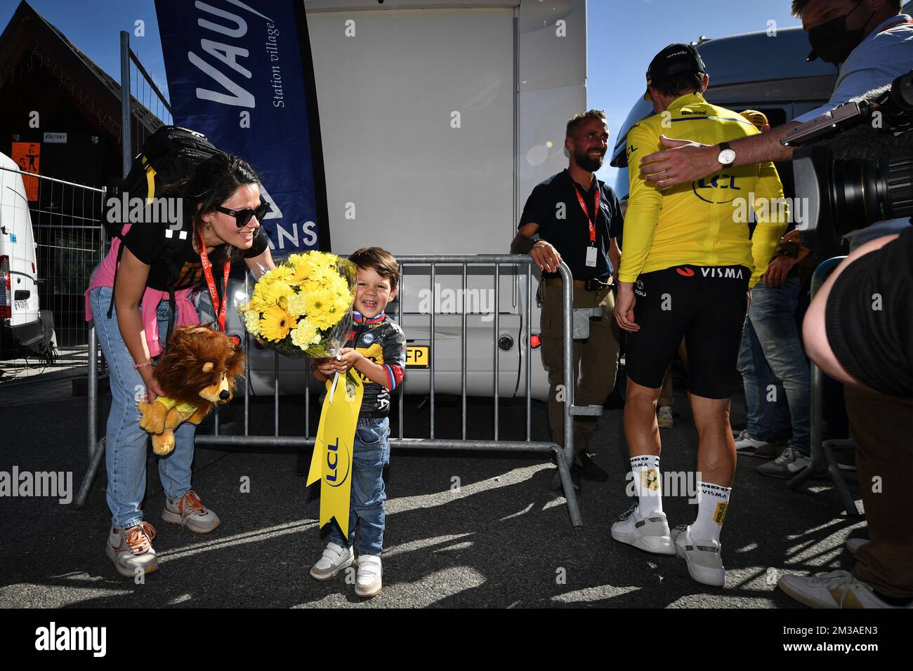Slovakia's Primoz Roglic's wife and son pictured after stage 7 of the ...