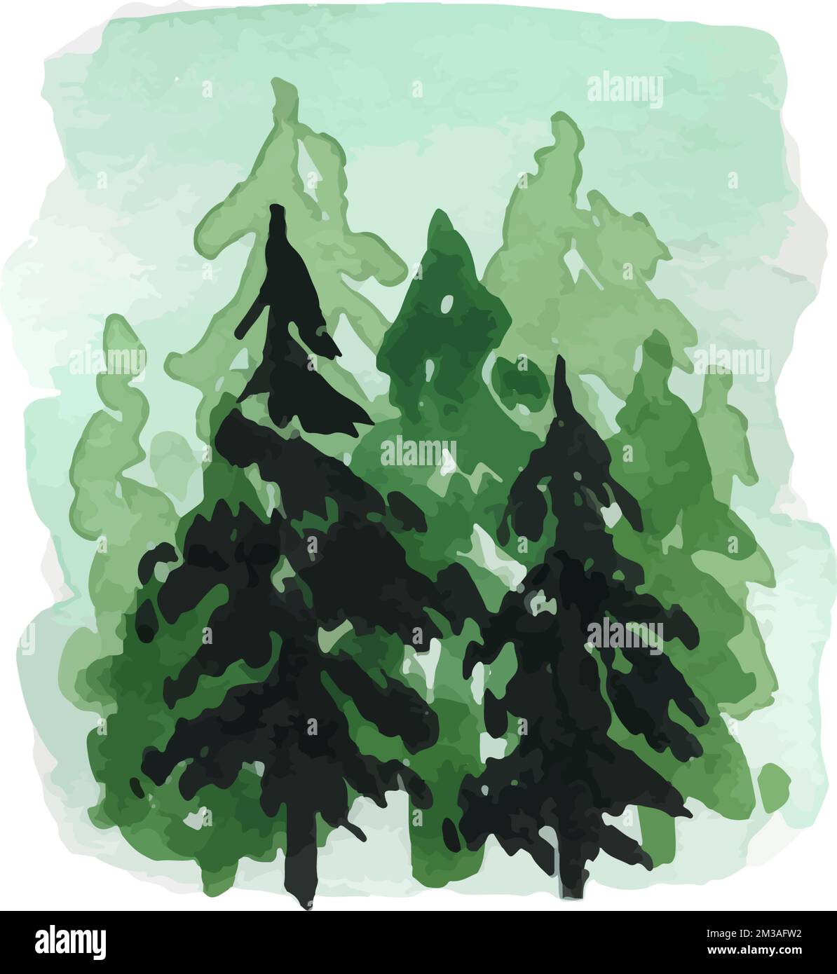 Green Silhouette of Trees, Fur Tree, Pine Tree. Abstract Watercolor ...