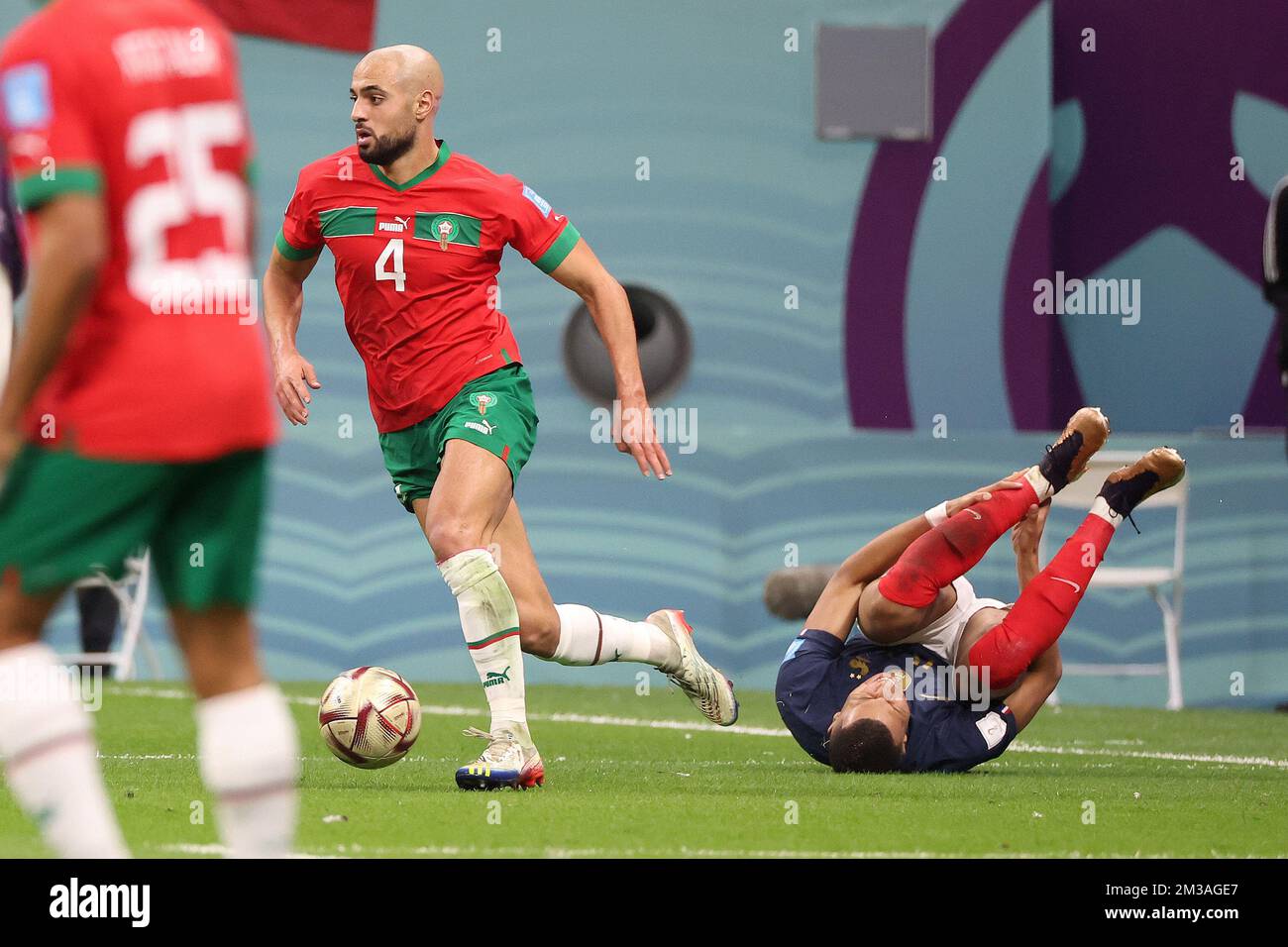 Sofyan Amrabat of Morocco, Kylian Mbappe of France during the FIFA ...