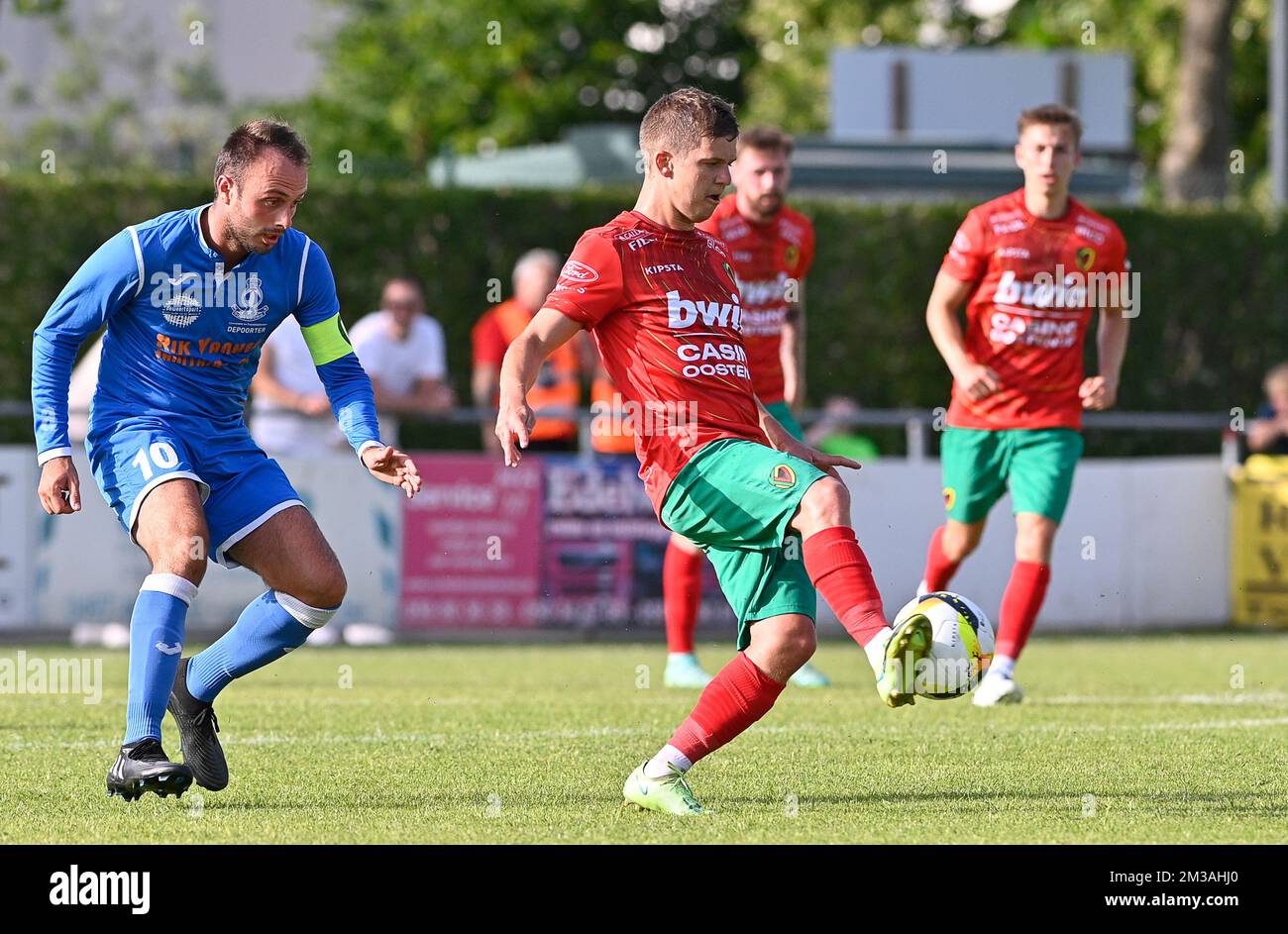 Oudenburg's Sybren Taillieu defending on Oostende's Vincent Koziello ...