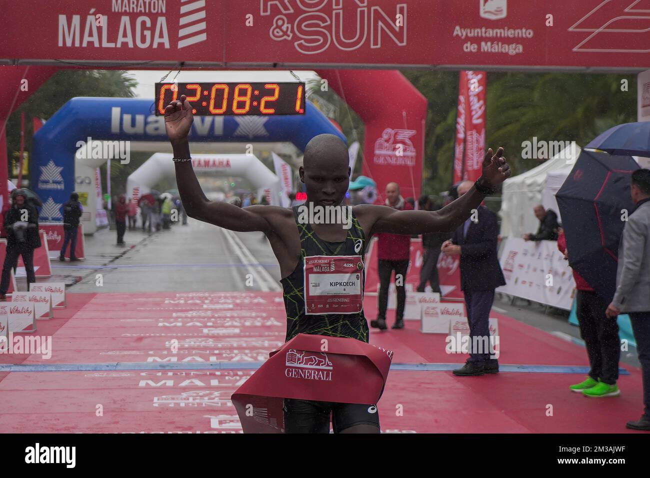 Athlete Barnaba Kipkoech seen celebrating victory during the Generali ...