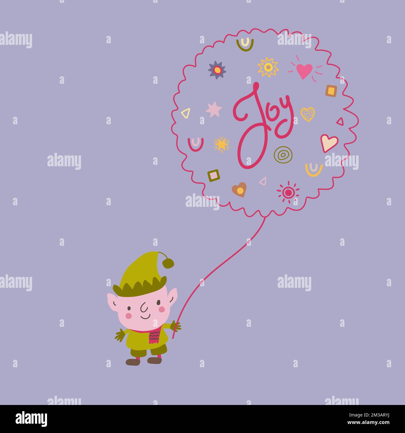 Little elf with framed word Joy. Doodle kawaii style illustration Stock ...