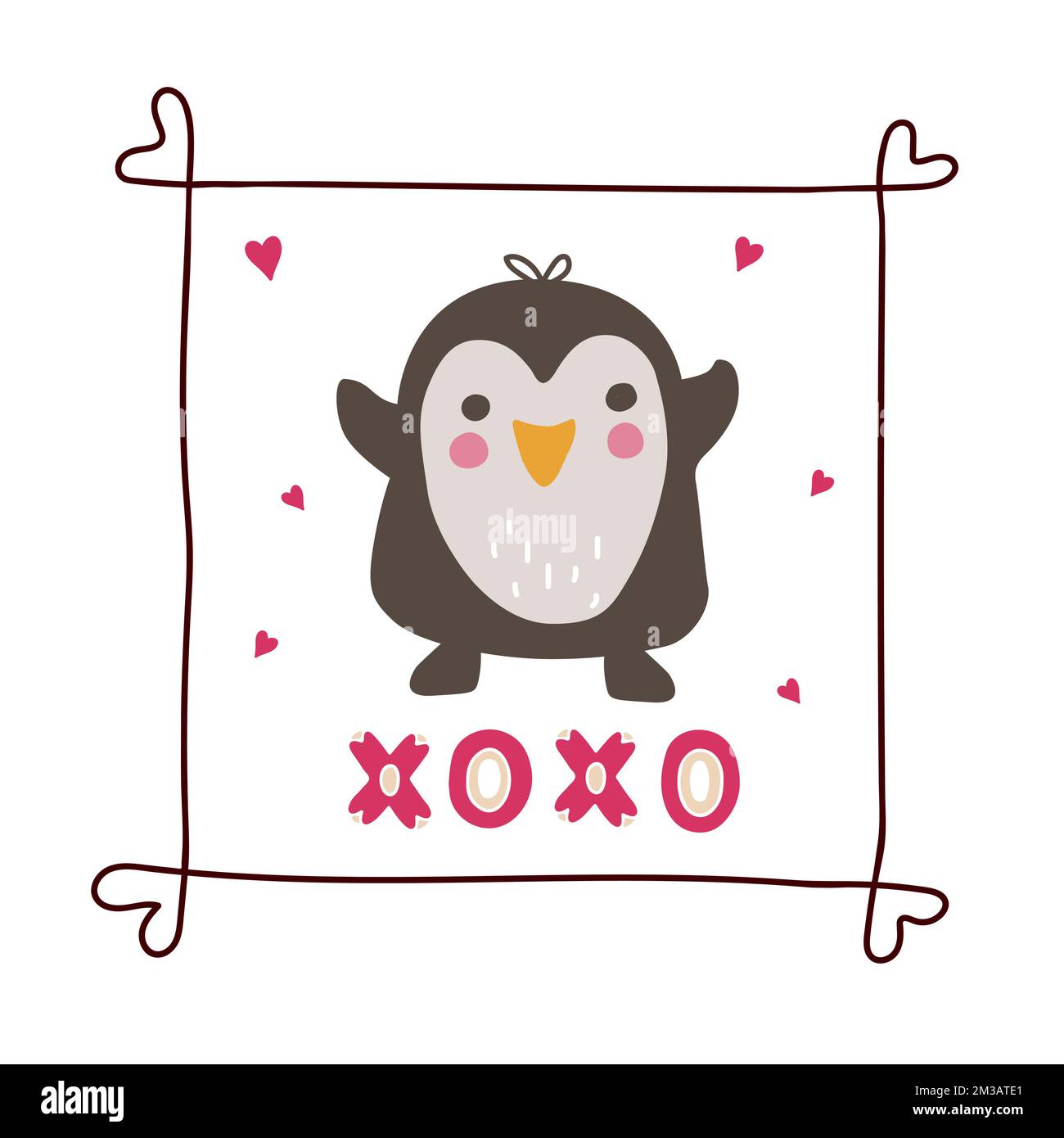 Cute penguin in simple frame with hand drawn lettering XOXO. Doodle ...