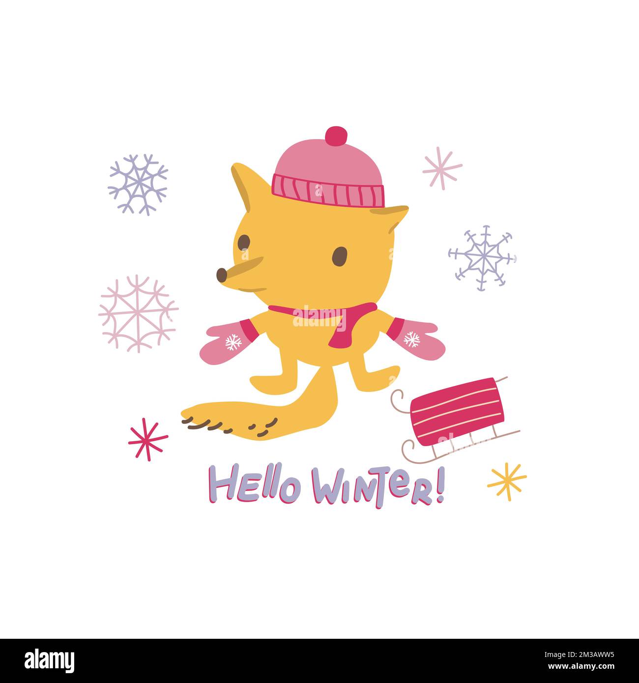 Cute fox with hand drawn lettering Hello winter. Doodle kawaii style ...