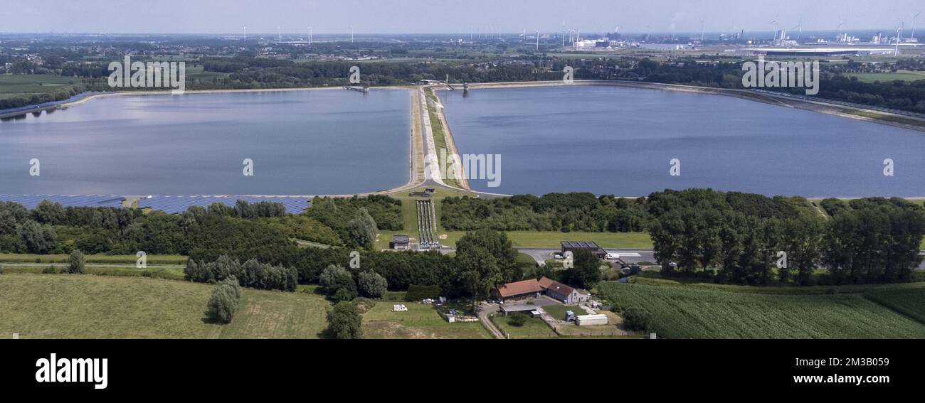 This aerial image shows a water reservoir of De Watergroep in Kluizen ...