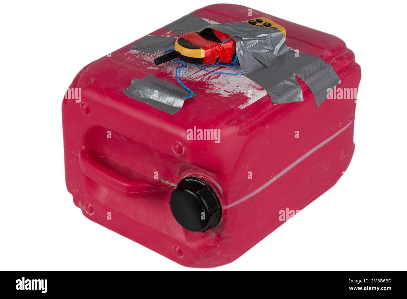 Red chemical jug IED bomb with cell phone fuse isolated on white ...