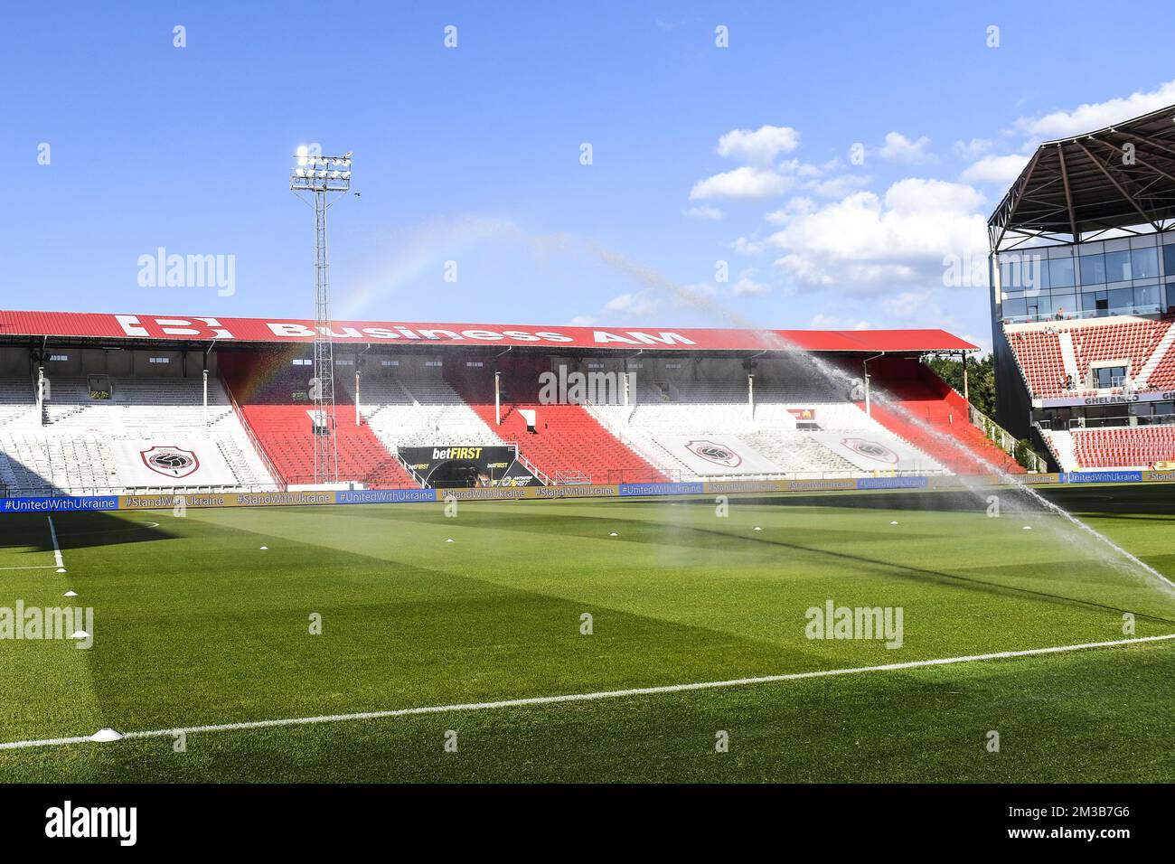 A rainbow appears on the pitch of the Bosuil stadium ahead of a ...