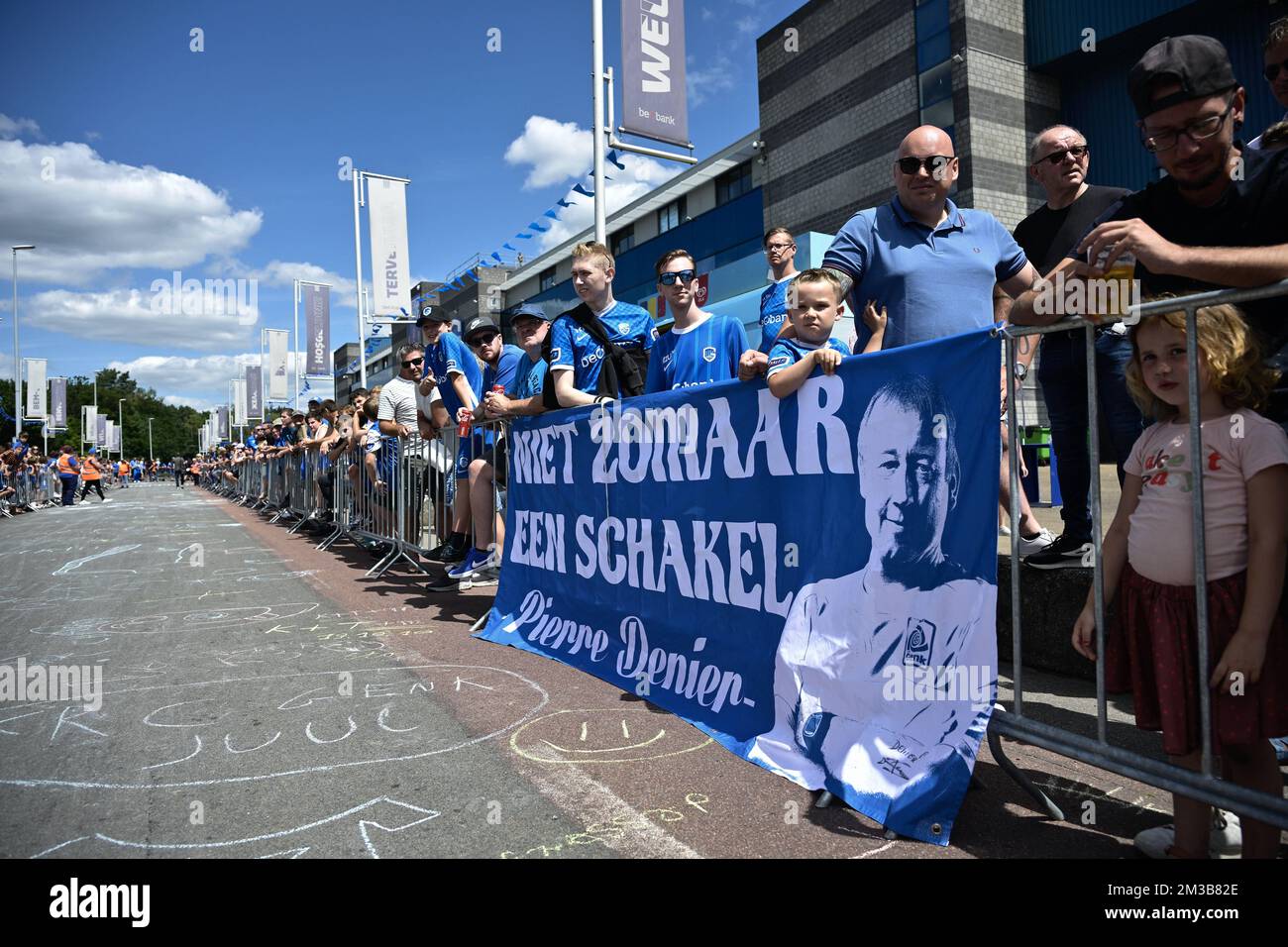 Supporters of Pierre Denier pose with a banner, during the fanday of ...