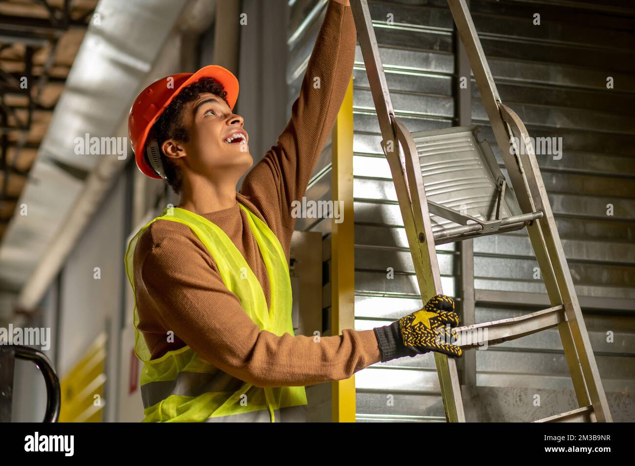 Smiling warehouse worker with the ladder Stock Photo - Alamy