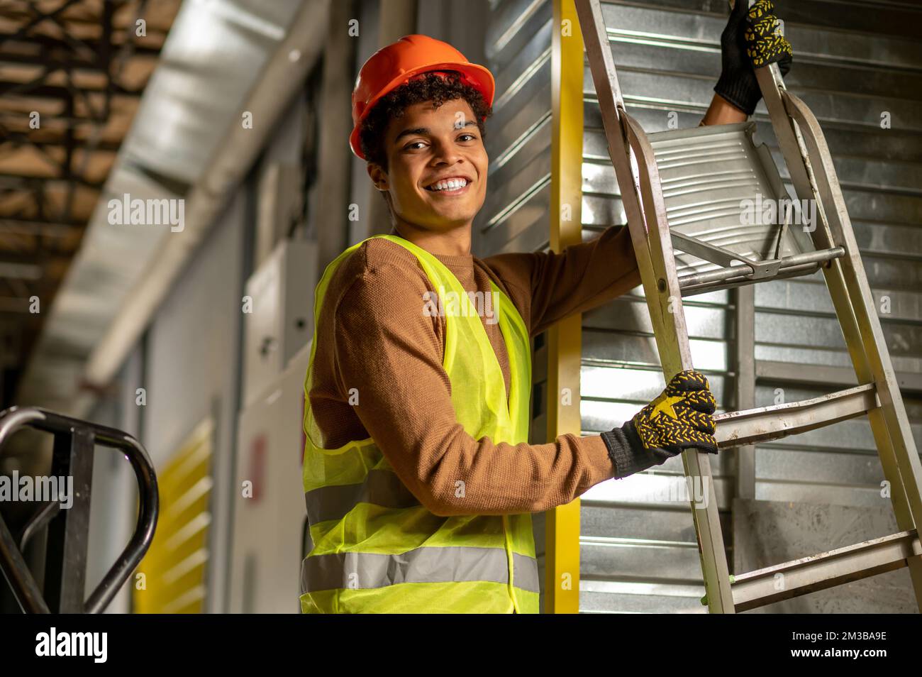 Smiling warehouse worker with the ladder Stock Photo - Alamy