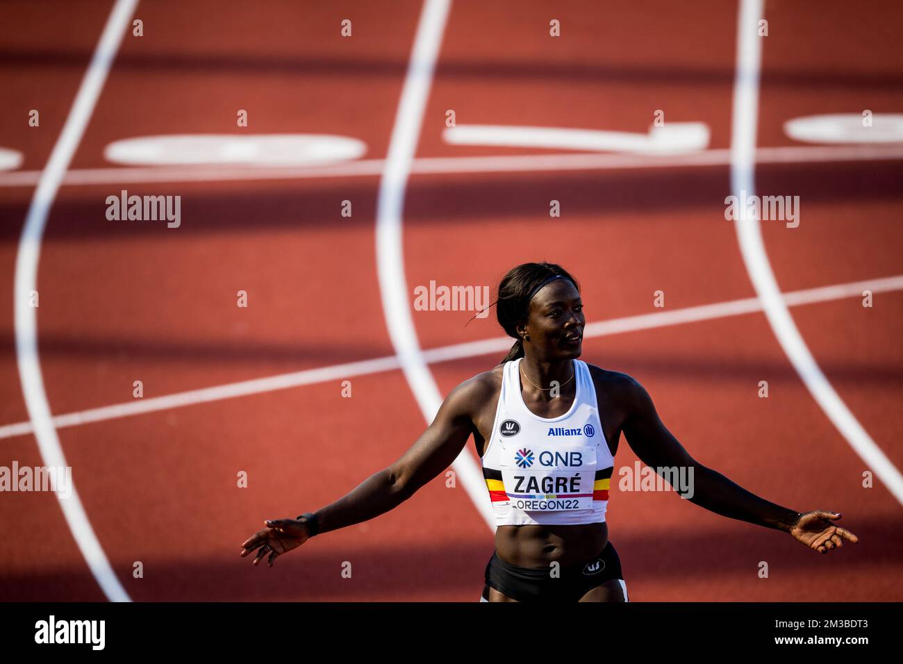 Belgian athlete Anne Zagre reacts after falling during a solo rerun of ...