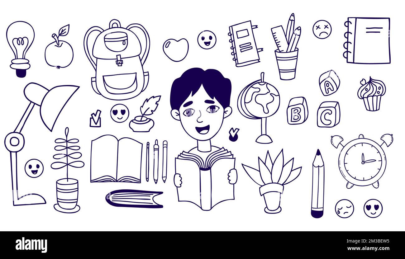 Collection educational school doodles. Cute boy pupil with book ...