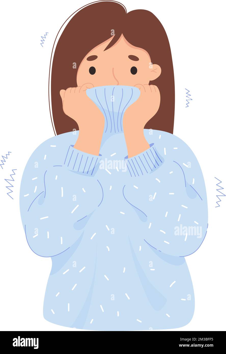 Woman freezing wearing wrapped in warm sweater and shivering. Cartoon ...