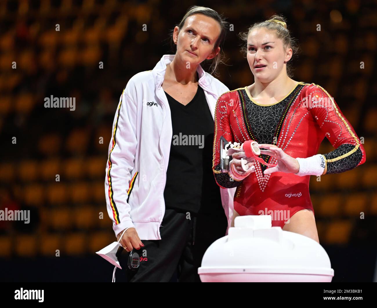 Belgian gymnastic coach Marjorie Heuls and Belgian gymnast Maellyse ...