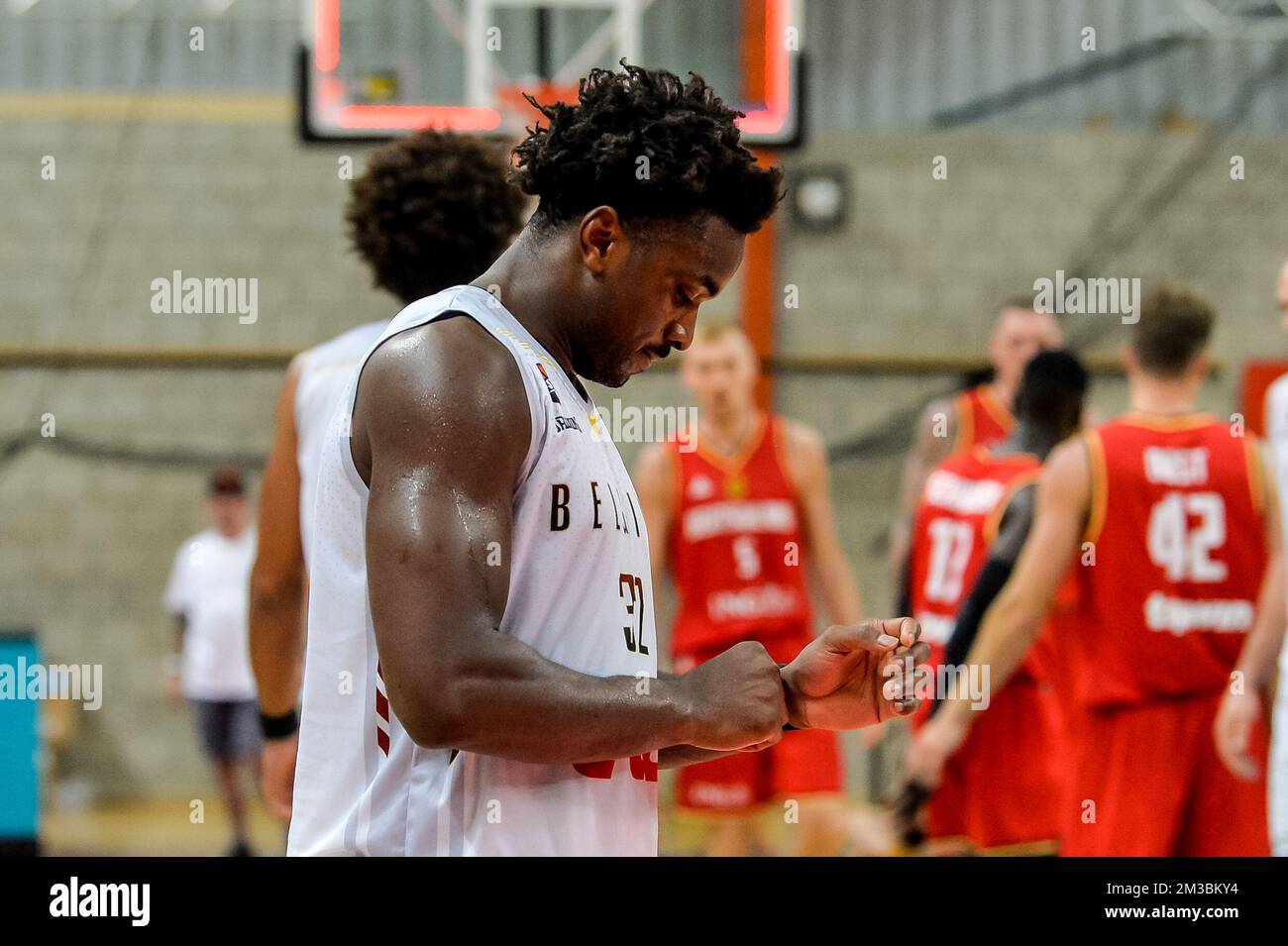 Belgium's Retin Obasohan (32) pictured after a friendly basketball ...