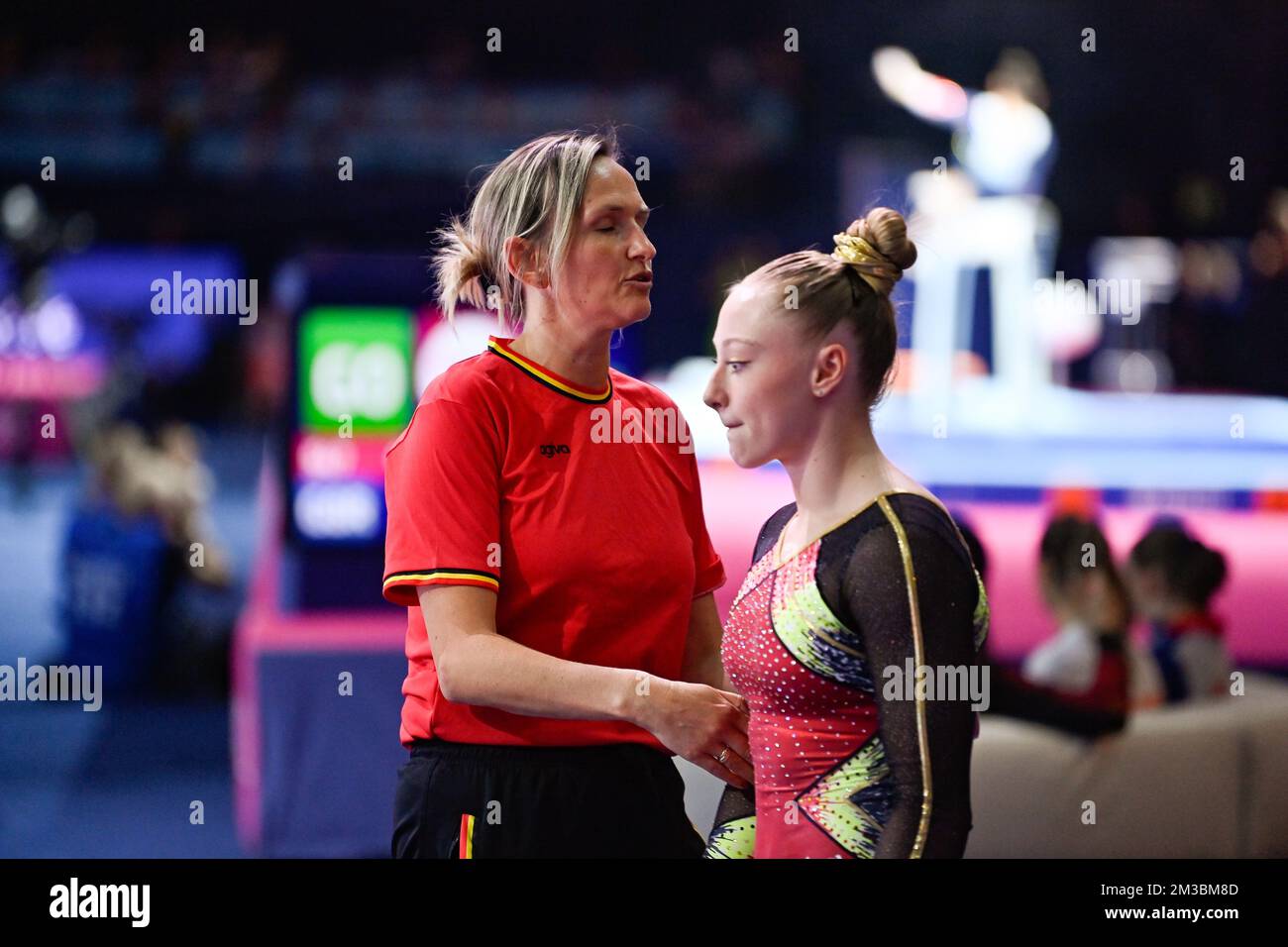 Belgian gymnast Lisa Vaelen and Belgian gymnastic coach Marjorie Heuls ...