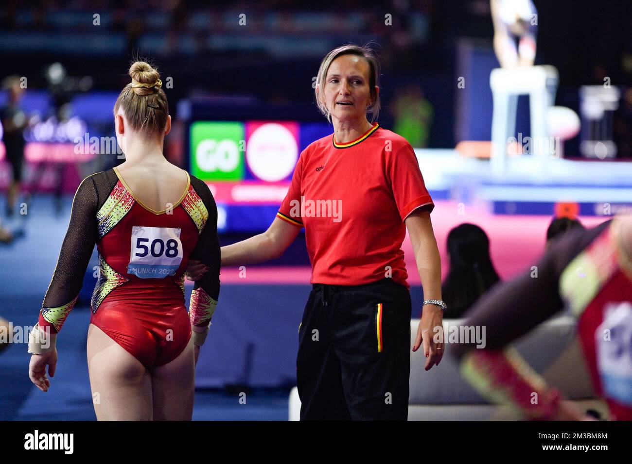 Belgian gymnast Lisa Vaelen and Belgian gymnastic coach Marjorie Heuls ...