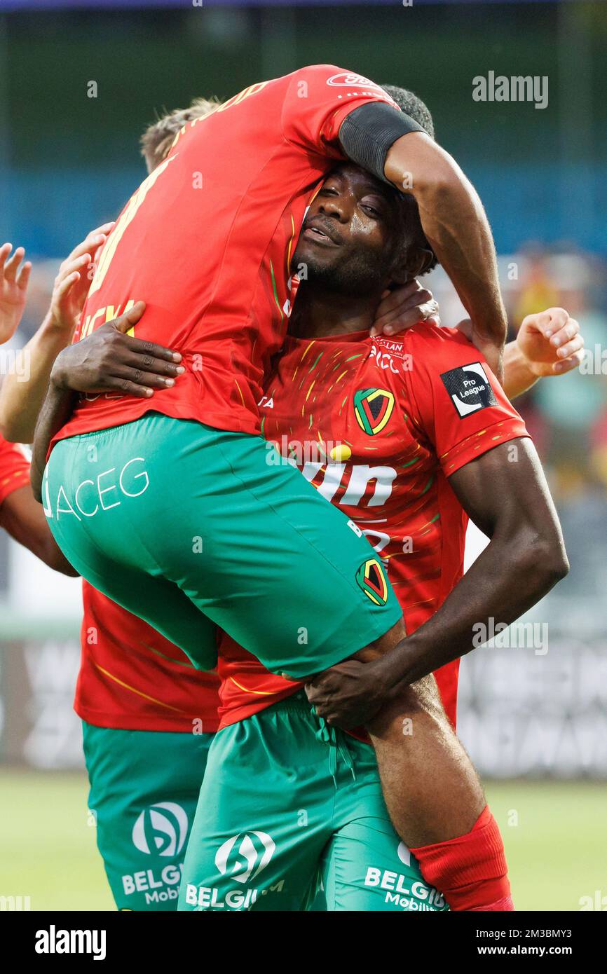 Oostende's David Atanga celebrates after scoring during a soccer match ...
