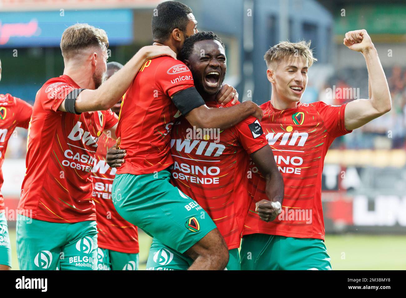 Oostende's David Atanga celebrates after scoring during a soccer match ...